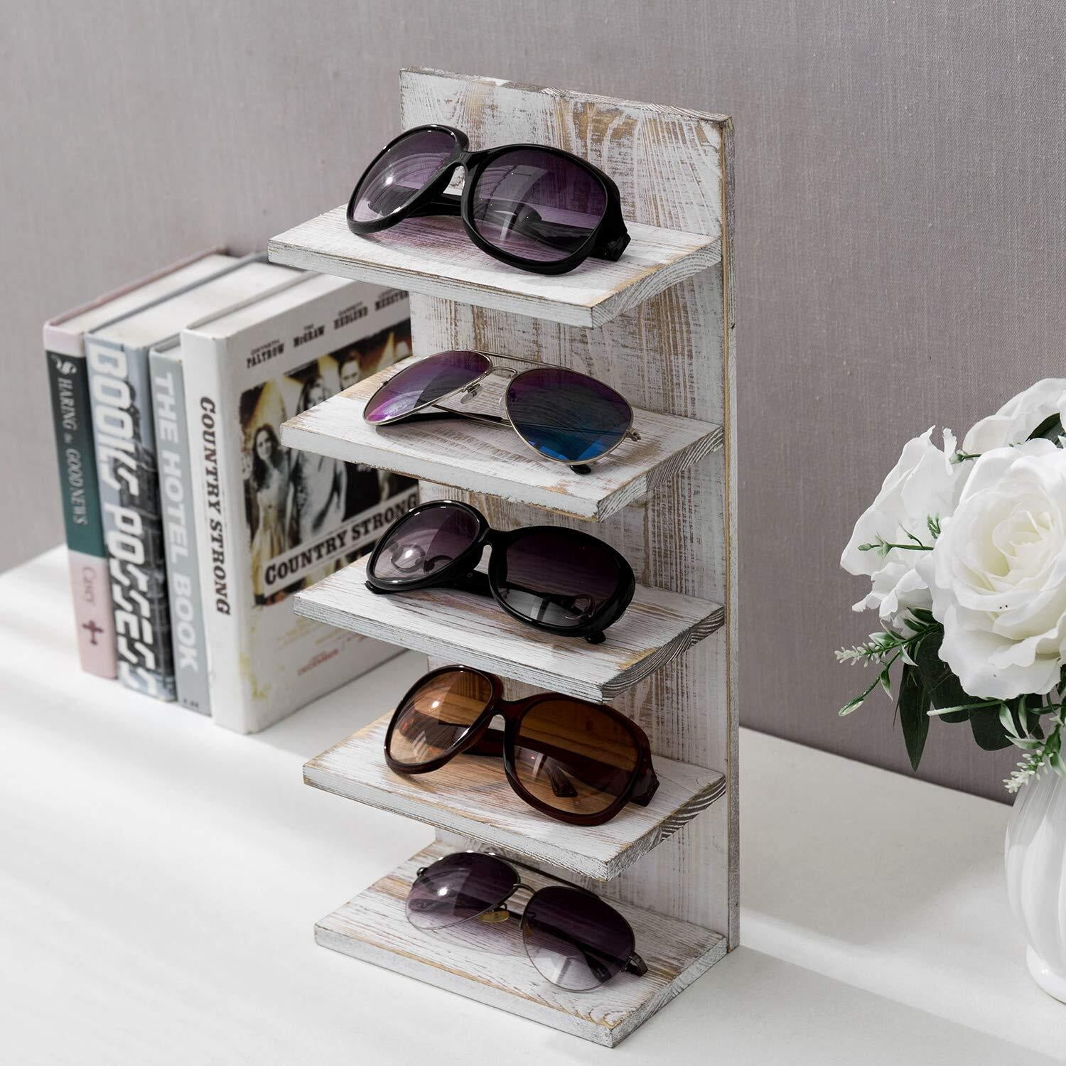 5 Tier Vintage Gray Solid Wood Sunglasses Holder Rack, Wall Mounted Eye ...