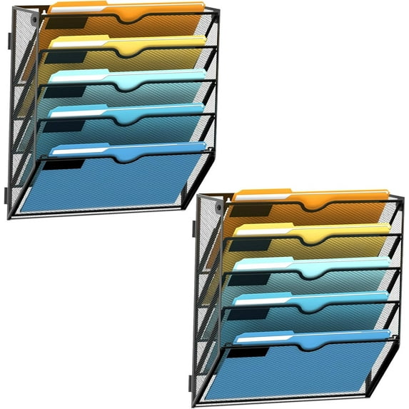 5-Tier Wall File Holder Organizer with Hooks, Mesh Hanging File ...