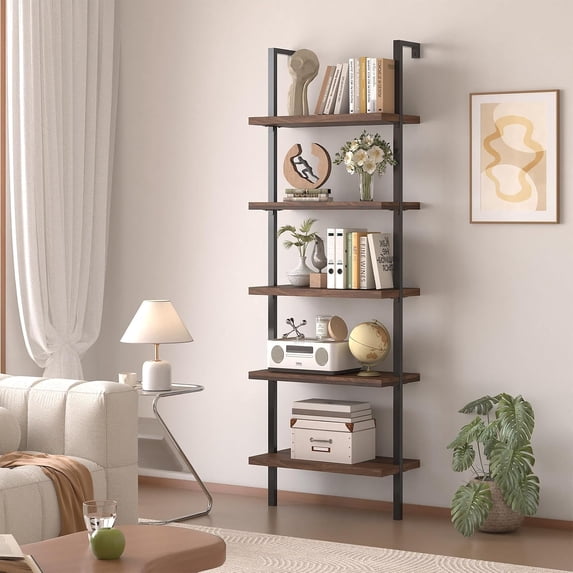 5-Tier Wall Mount Ladder Bookshelf with Metal Frame, Anti-Tip Tall ...