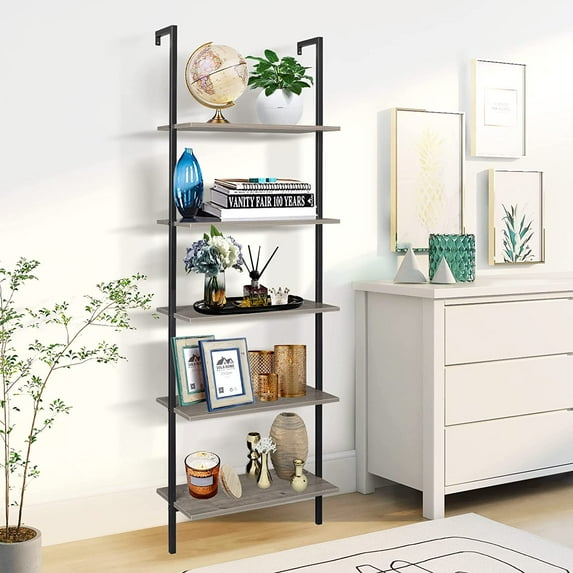 5 Tier Wall Mounted Ladder Shelf, Ladder Bookshelf with Metal Frame and ...
