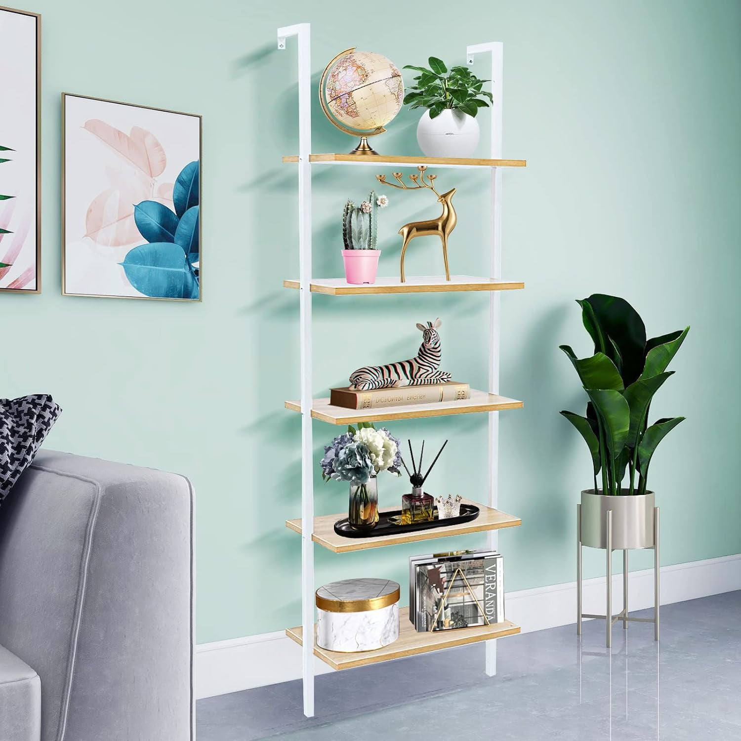 5 Tier Wall Mounted Ladder Shelf, Ladder Bookshelf with Metal Frame and ...