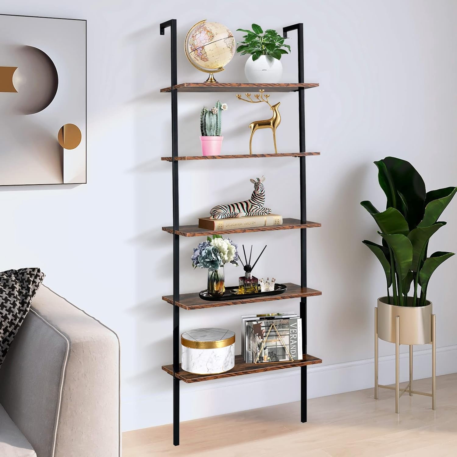 5 Tier Wall Mounted Ladder Shelf, Ladder Bookshelf with Metal Frame and ...