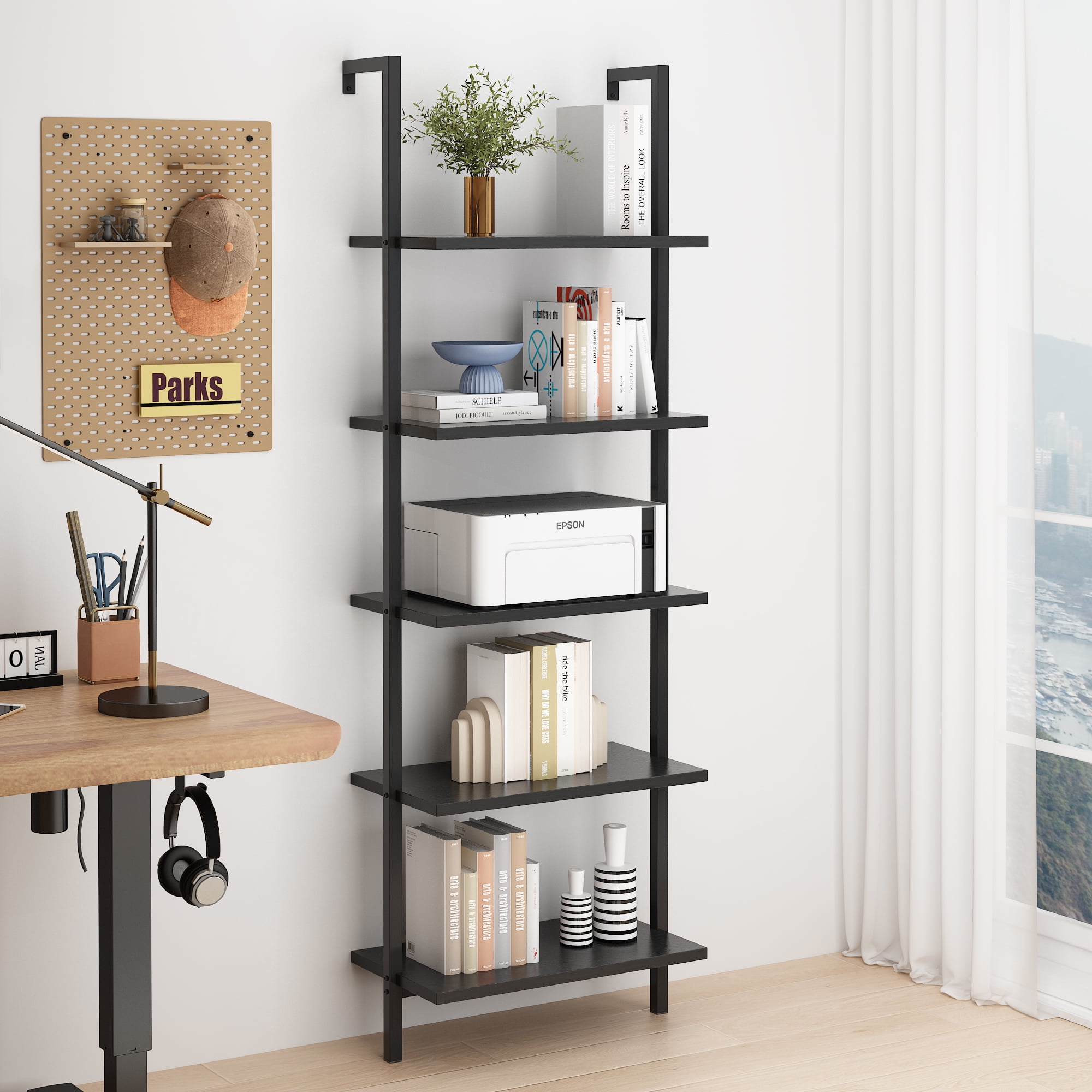 5-Tier Wall-Mounted Steel-Wood Shelf - Black Walnut & Black Frame, MDF ...