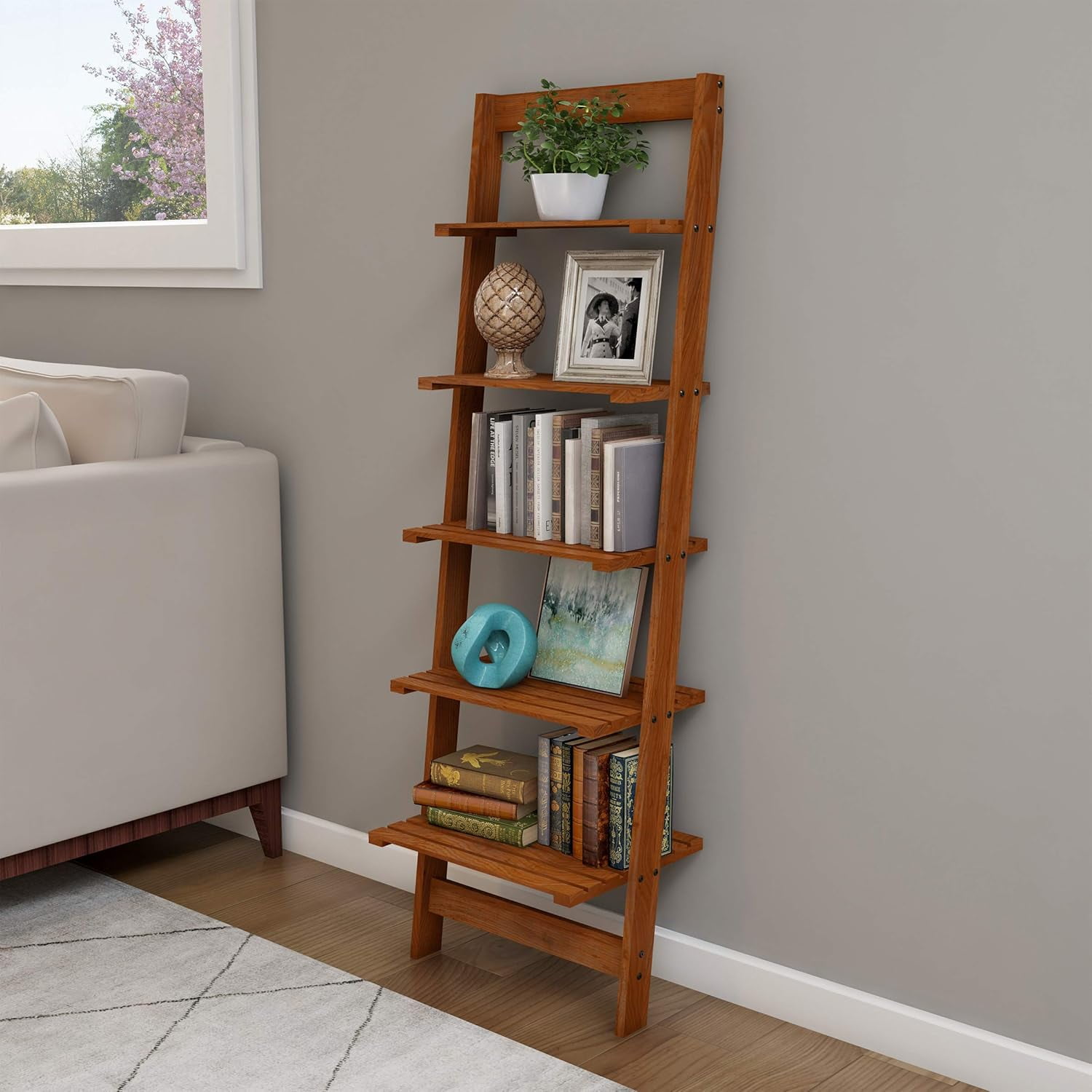5-Tier Wall Shelf - Ladder Style Wood Bookshelf - Decorative Display ...