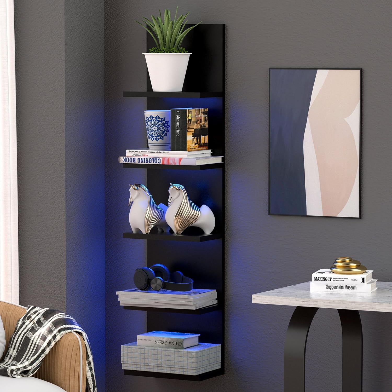 5 Tier Wall Shelf with RGB Light, Modern Wall Mount Lack Shelf ...