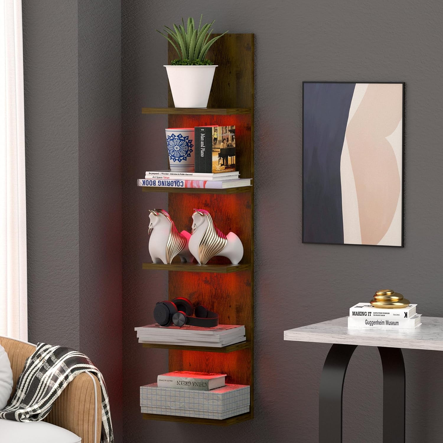 5 Tier Wall Shelf with RGB Light, Modern Wall Mount Lack Shelf ...