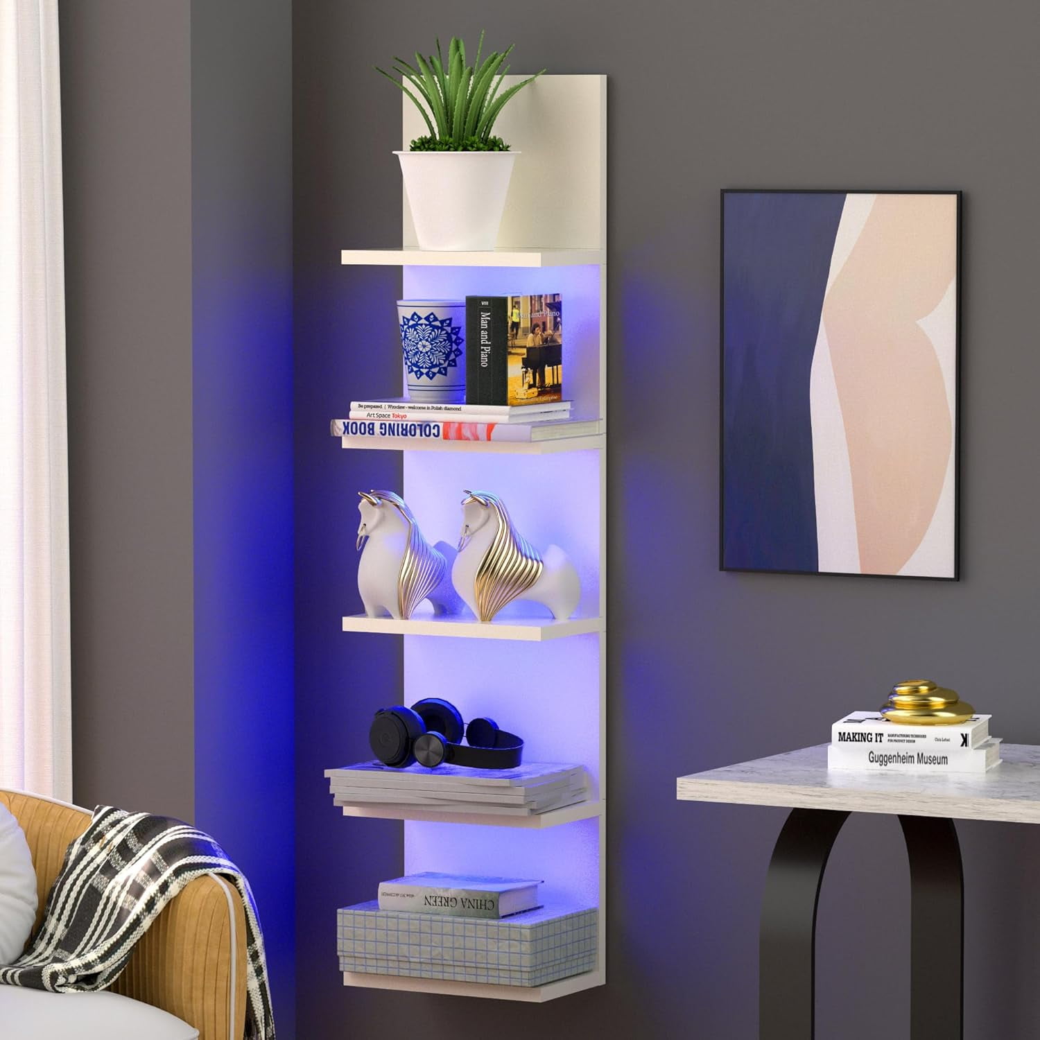 5 Tier Wall Shelf with RGB Light, Modern Wall Mount Lack Shelf ...