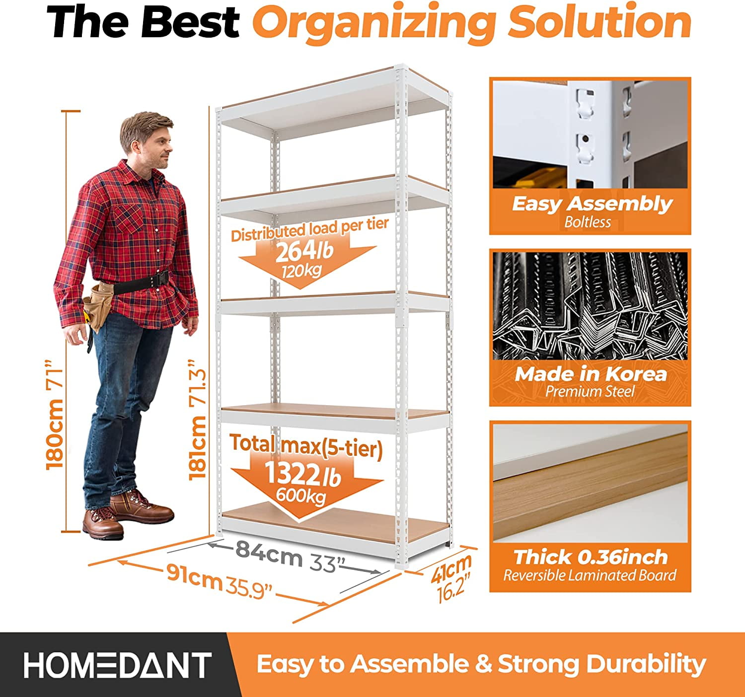 5-Tier White Adjustable Metal Storage Shelves Heavy Duty Boltless ...