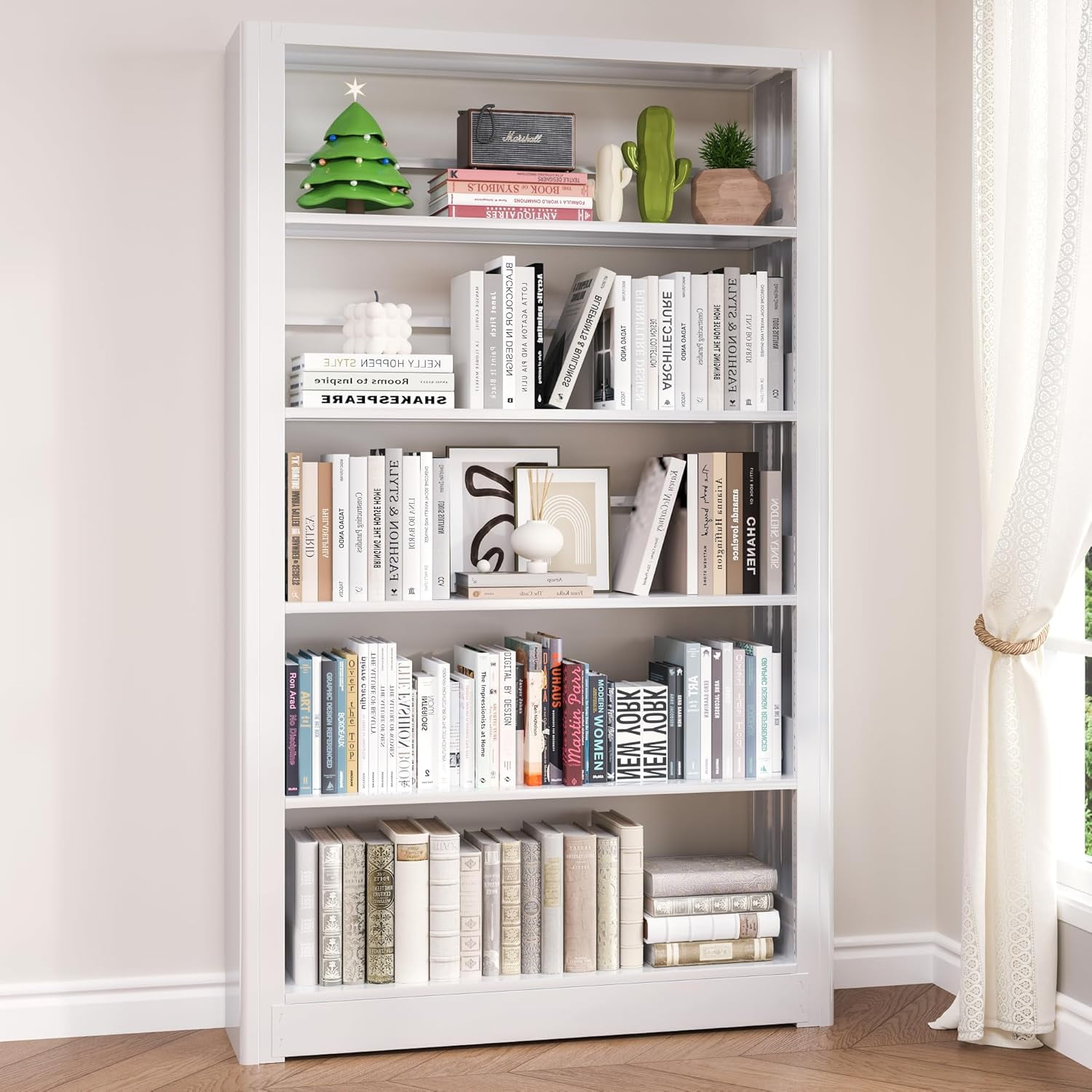 5 Tier White Bookshelf, 68.9" Tall Bookcase with Adjustable Storage ...