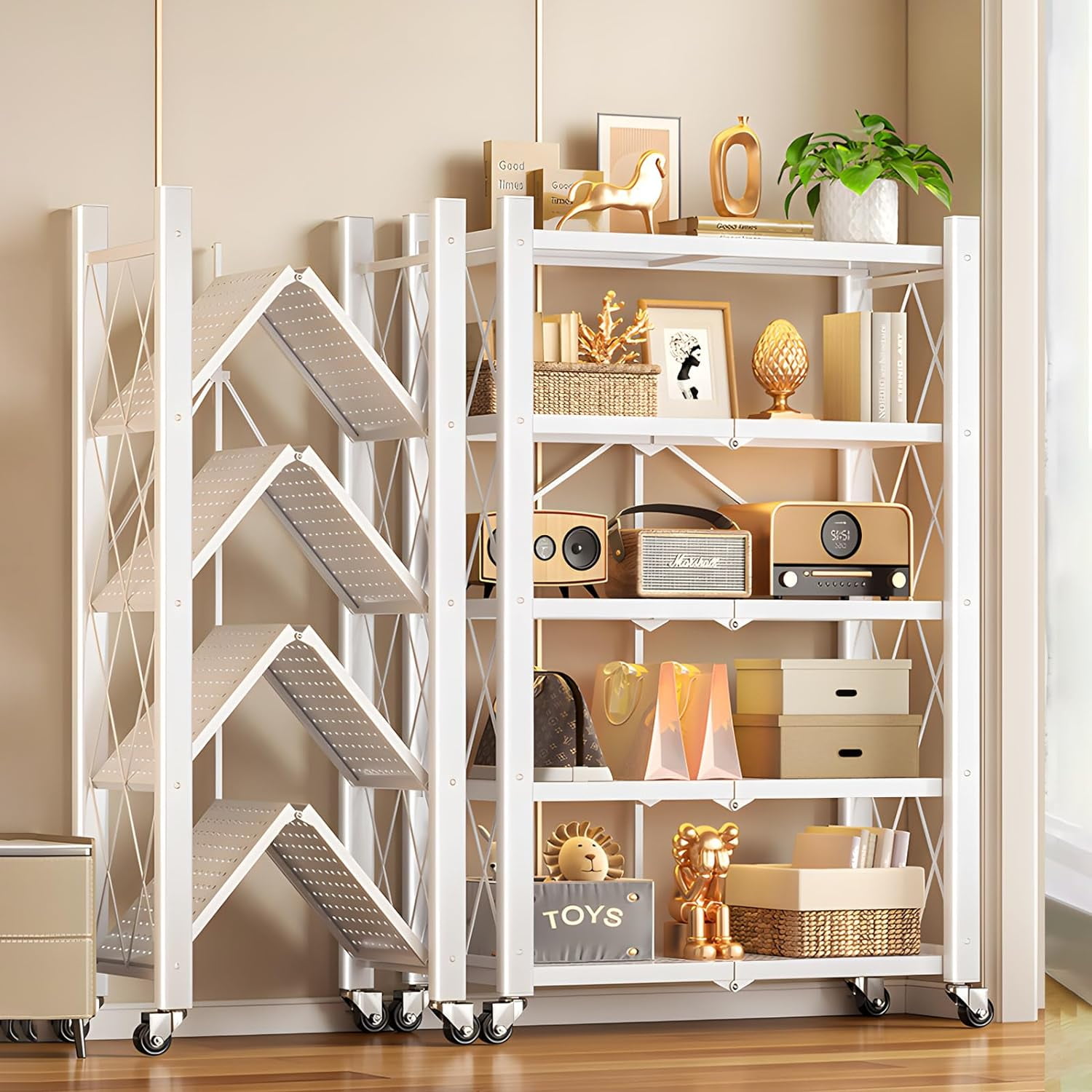 5 Tier White Foldable Storage Shelves with Wheels,Heavy Duty Metal ...