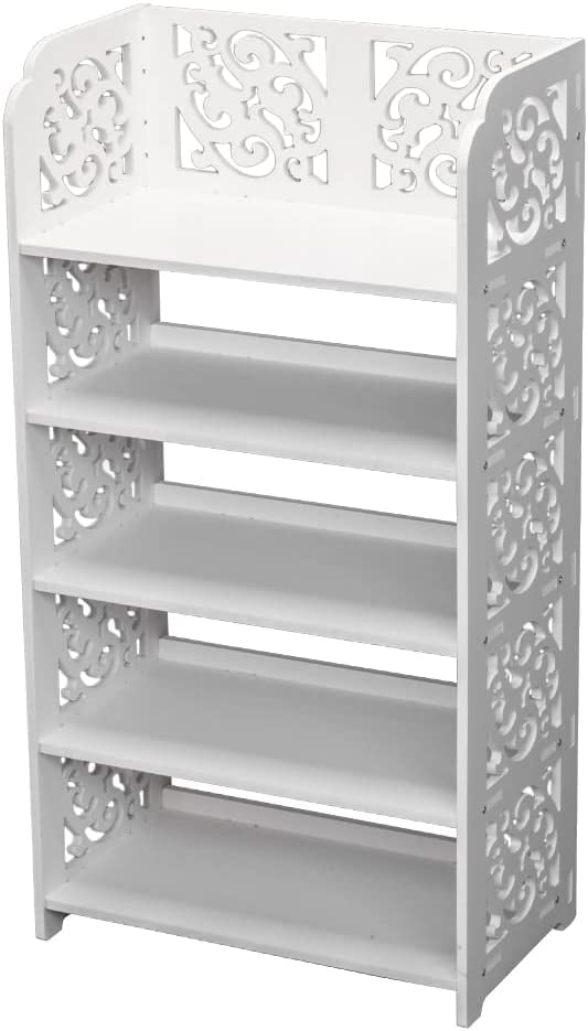 5-Tier White Hollow Carved Shoe Rack - Wood-Plastic Board Shoe Storage ...