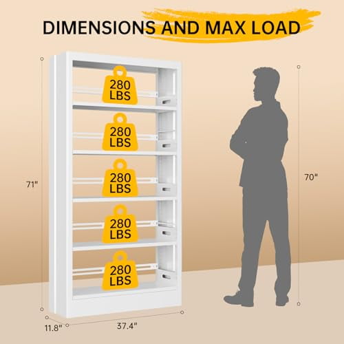 5 Tier White Metal Bookshelf, 71" H Bookcase with Adjustable Shelves ...