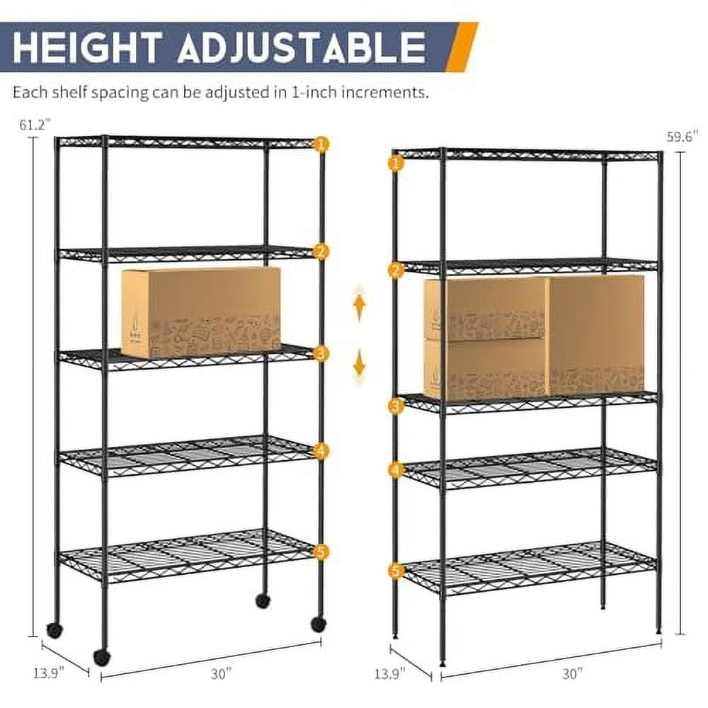 5-Tier Wire Shelves 61" H x 30" x 14" Metal Storage Shelves Adjustable ...