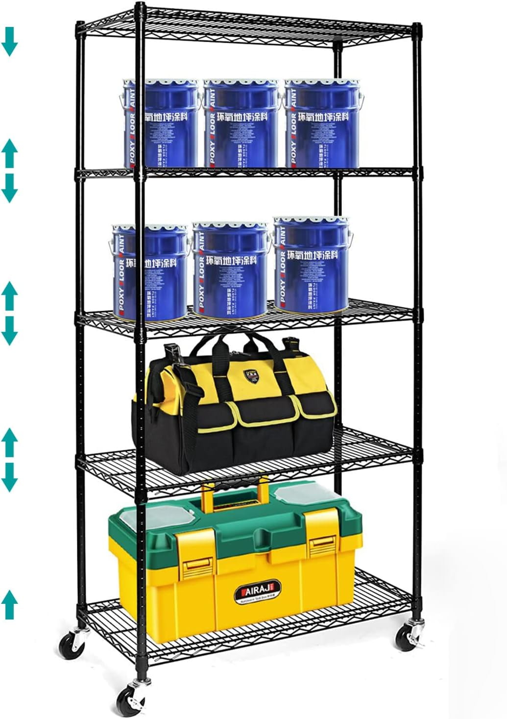 5 Tier Wire Shelving Rack with Wheels, 5 Tier Black Shelving Unit with ...