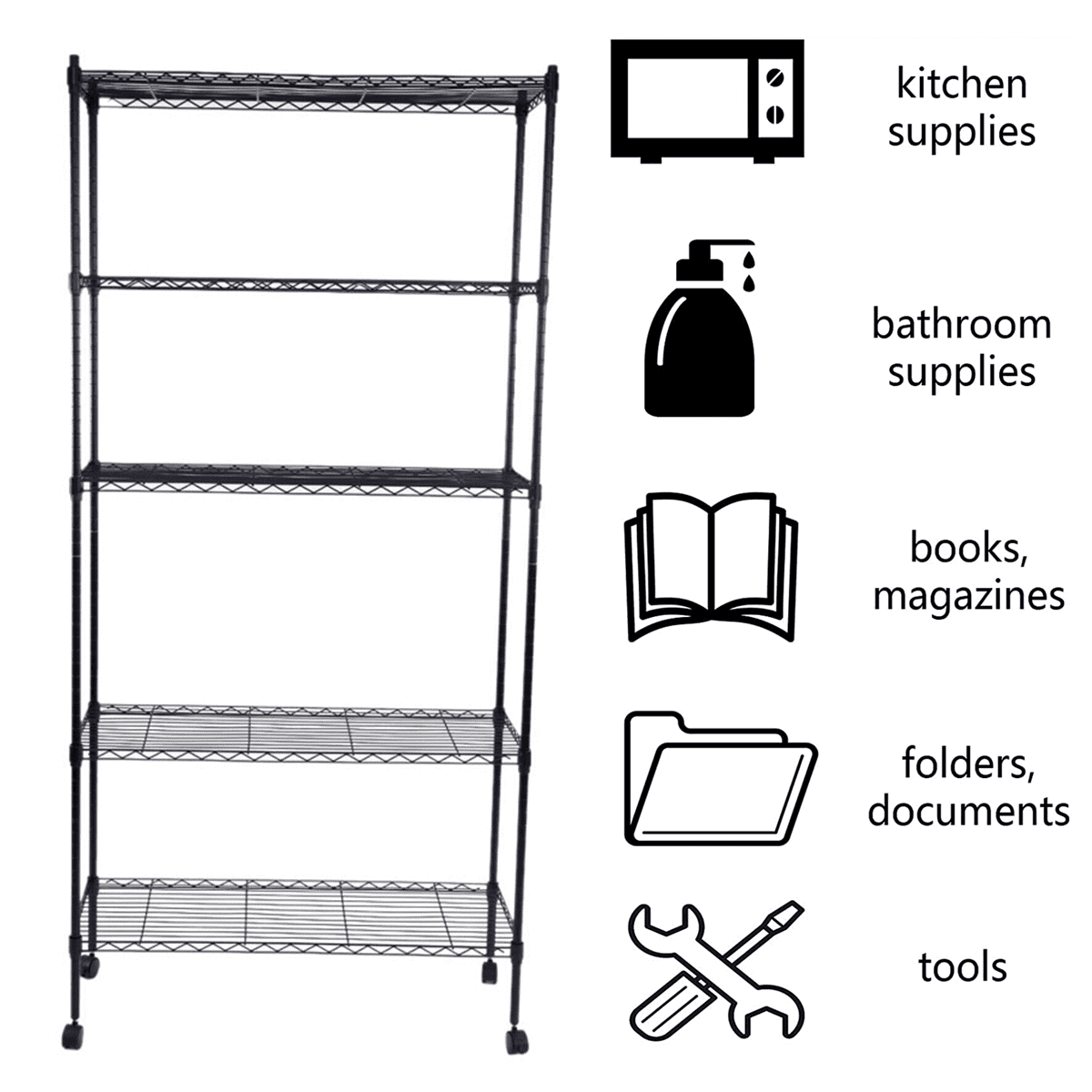 5-Tier Wire Shelving Storage Unit on Wheels Adjustable Wire Rack Metal ...