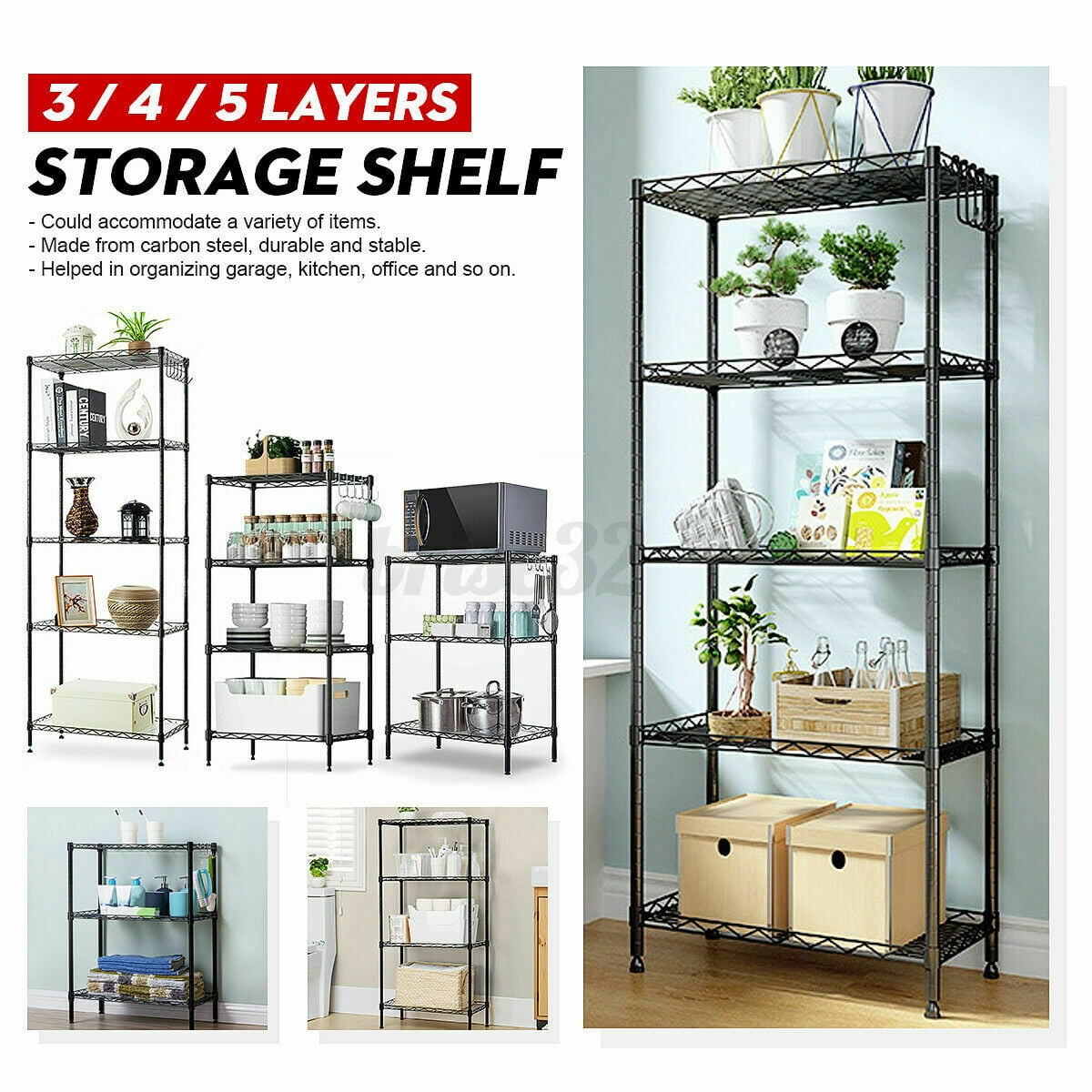 5-Tier Wire Shelving Unit Adjustable Metal Shelf Rack Kitchen Storage ...