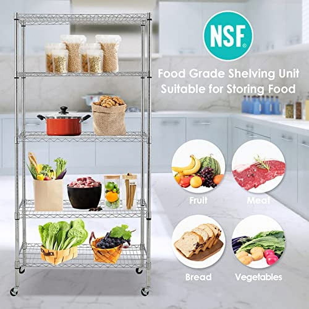 5 Tier Wire Shelving Unit with Wheels, Height Adjustable Wire Shelves ...
