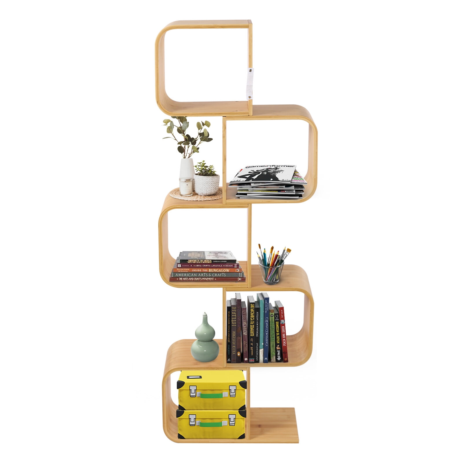 5 Tier Wood Geometric Bookcase S-Shaped Display Bookshelf Storage Room ...