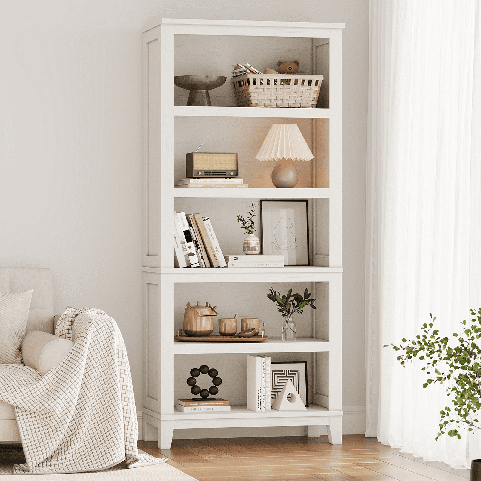 5-Tier Wooden Bookcase, Farmhouse Bookshelf w/Adjustable Shelves & 31.5 ...