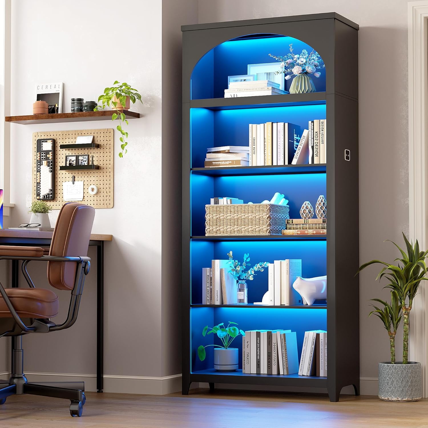 5-Tier Wooden Bookshelf with LED Lights, 70 Inch Tall Bookshelf with ...