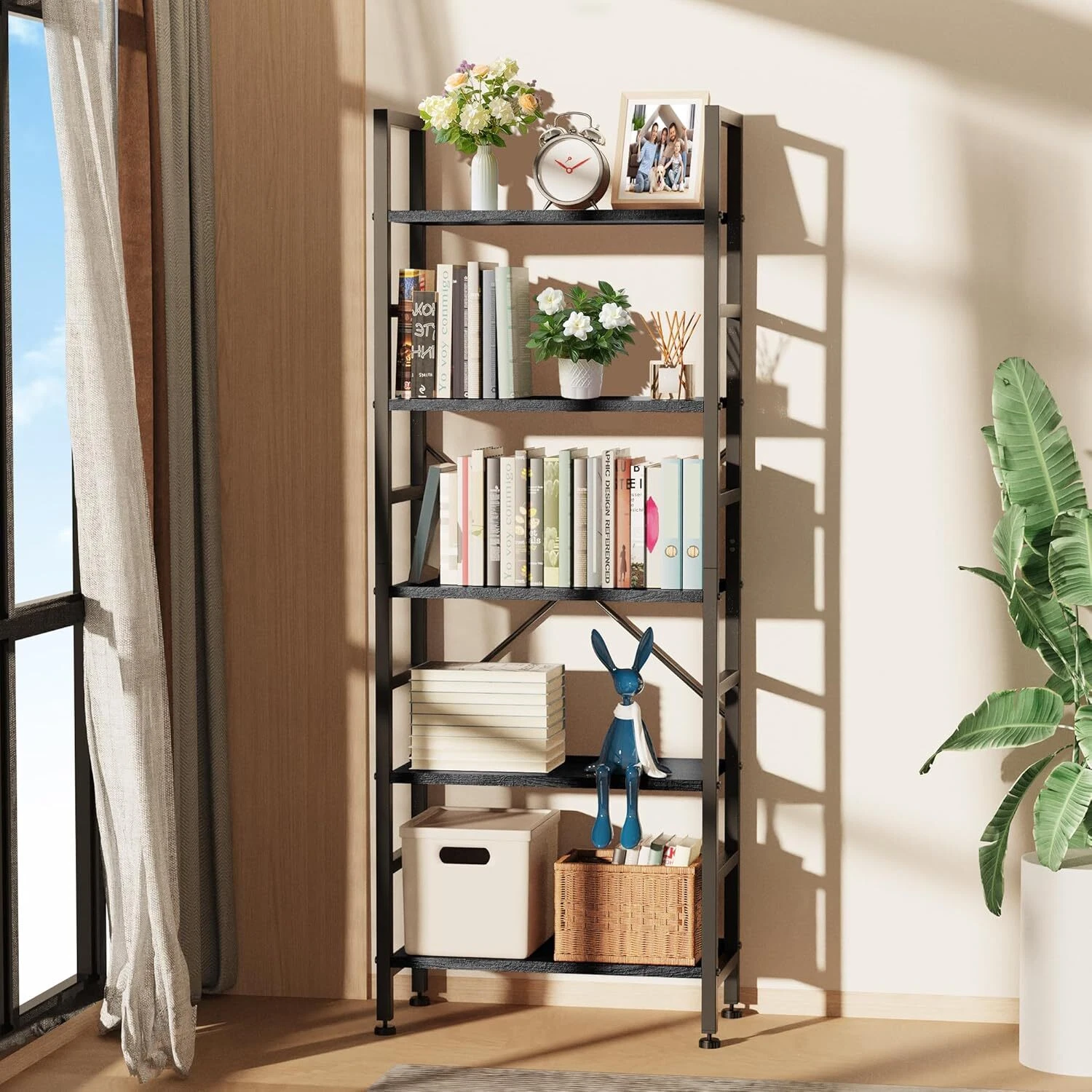 5-Tier Wooden Bookshelf Space-Saving for Bedroom/Office Holds Books ...