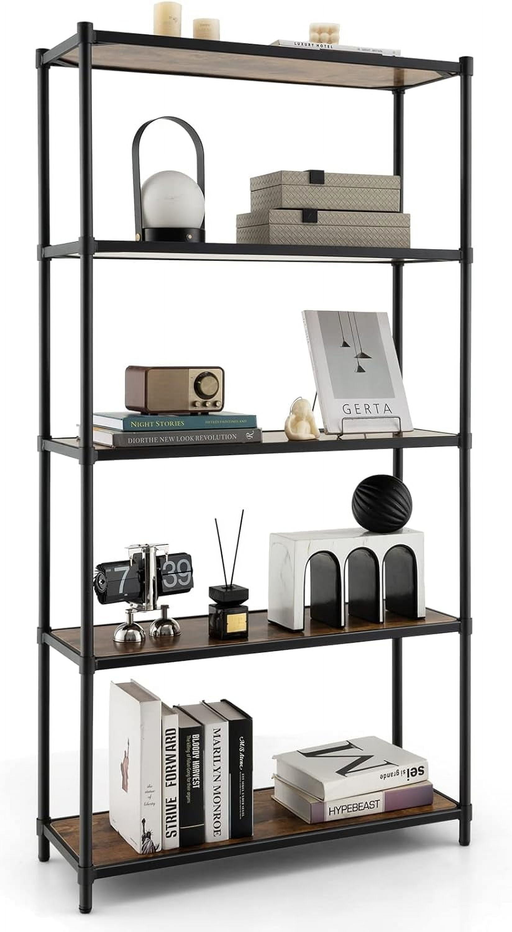 5-Tier Wooden Bookshelf, Tall Bookcase Shelf Storage Organizer w/Metal ...