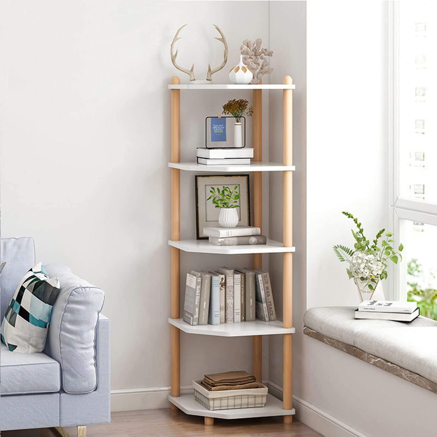 5-Tier Wooden Corner Bookshelf - Modern Open Bookcase, Free Standing ...