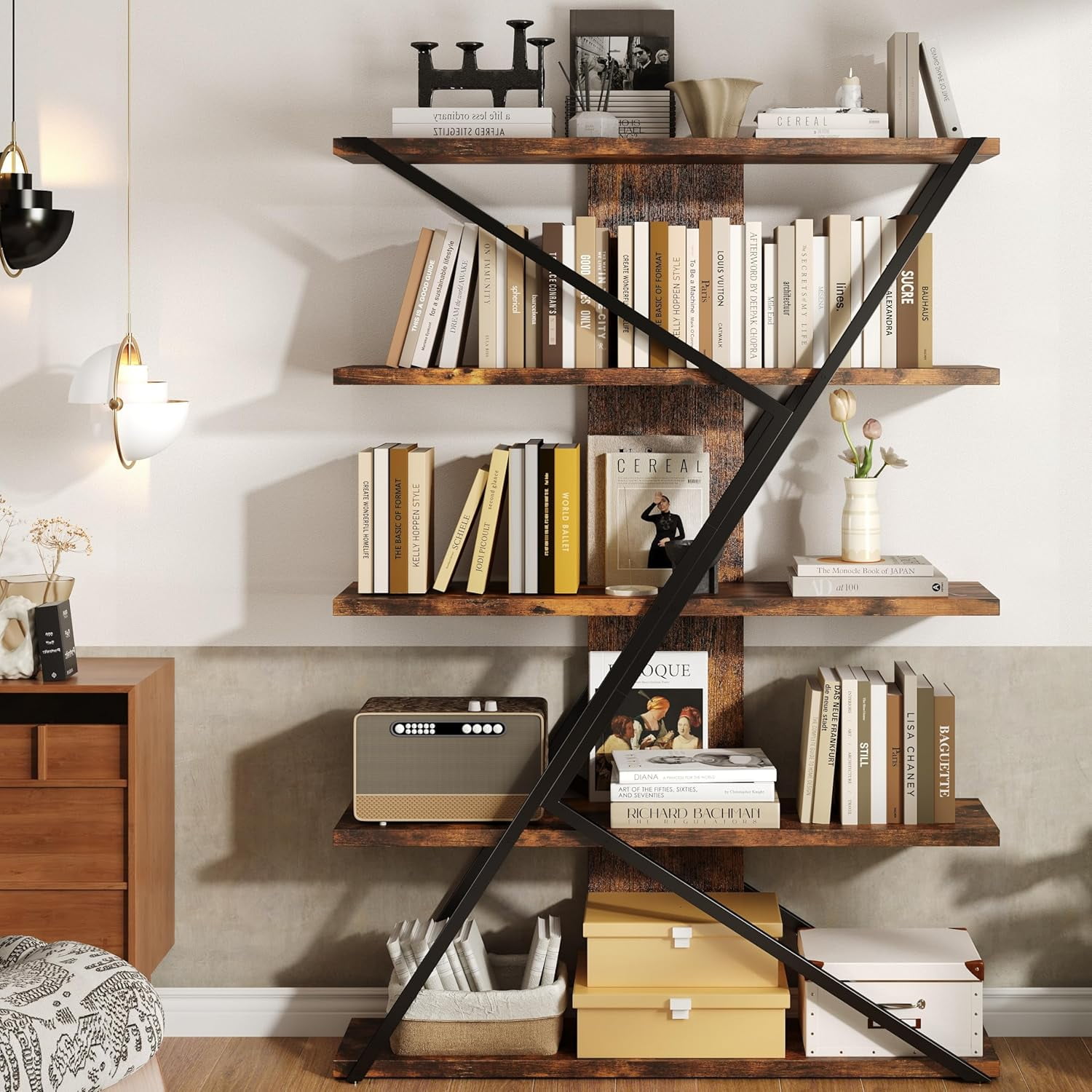 5-Tier Wooden and Metal Frame Bookshelf,Vintage Industrial Modern Style ...