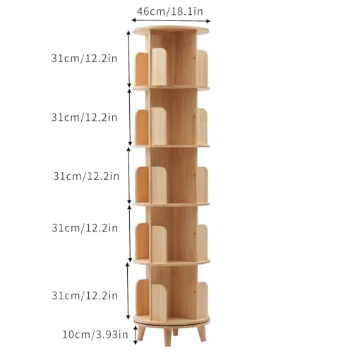 5-Tier Wooden Rotating Bookshelf, 360° Display Round Revolving Bookcase ...