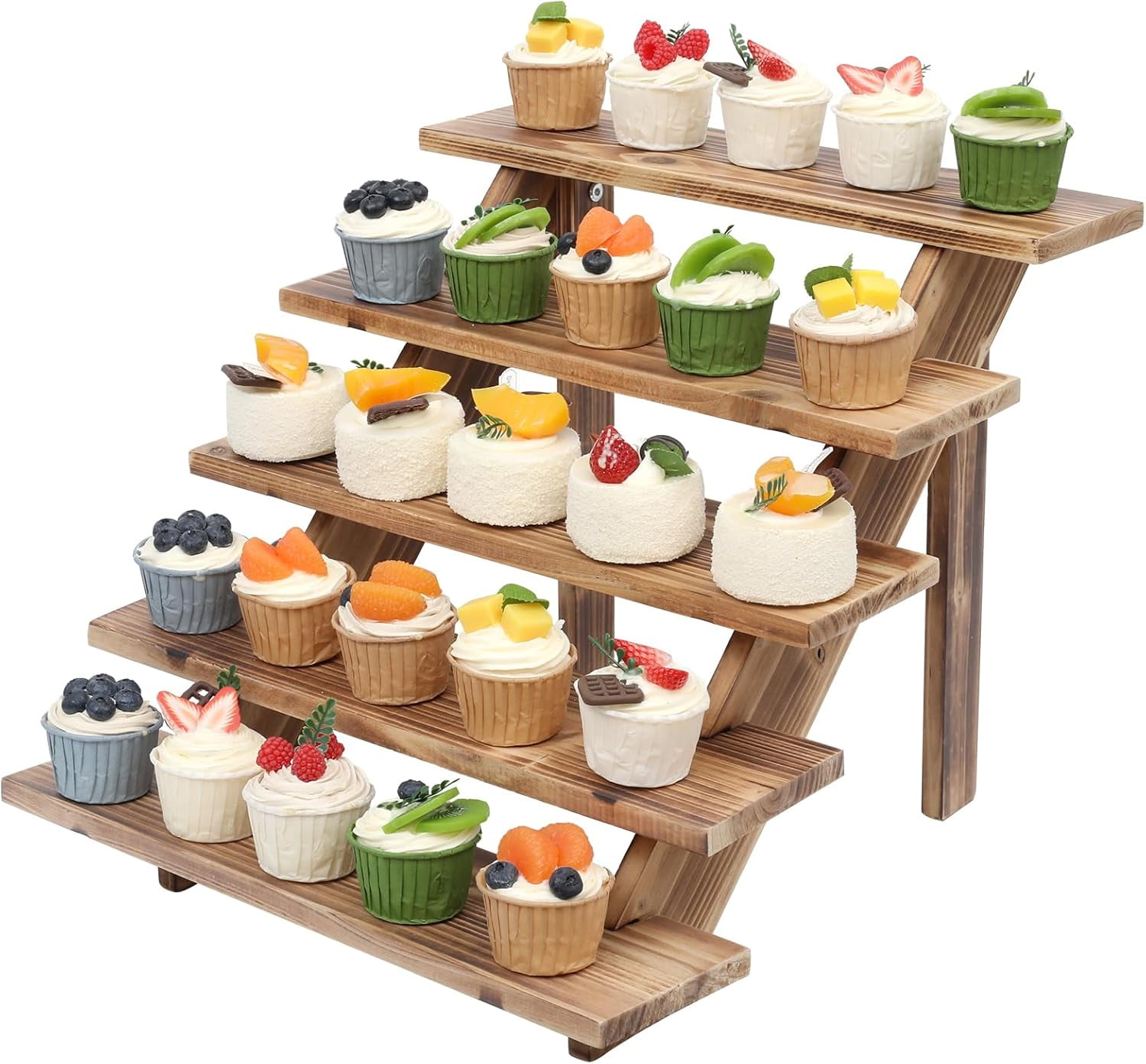 5 Tier Wooden Rustic Cupcake Stand for 30 Cupcakes, Stepped Wood ...
