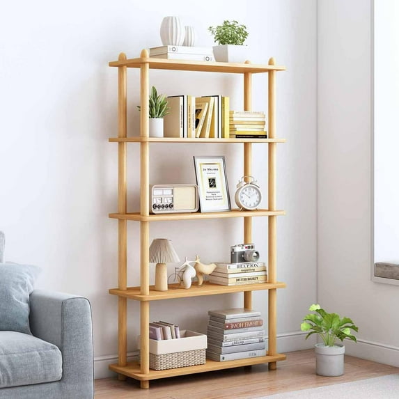 5-Tier Wooden Shelf Bookcase - Modern Open Bookshelf Standing Storage ...