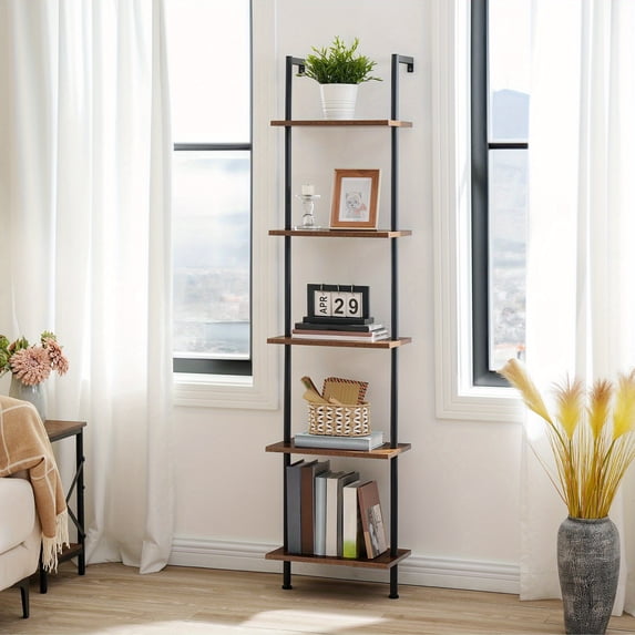 5-Tier Wooden Wall Mounted Bookshelf, DIY Ladder Shelf, Narrow Bookcase ...