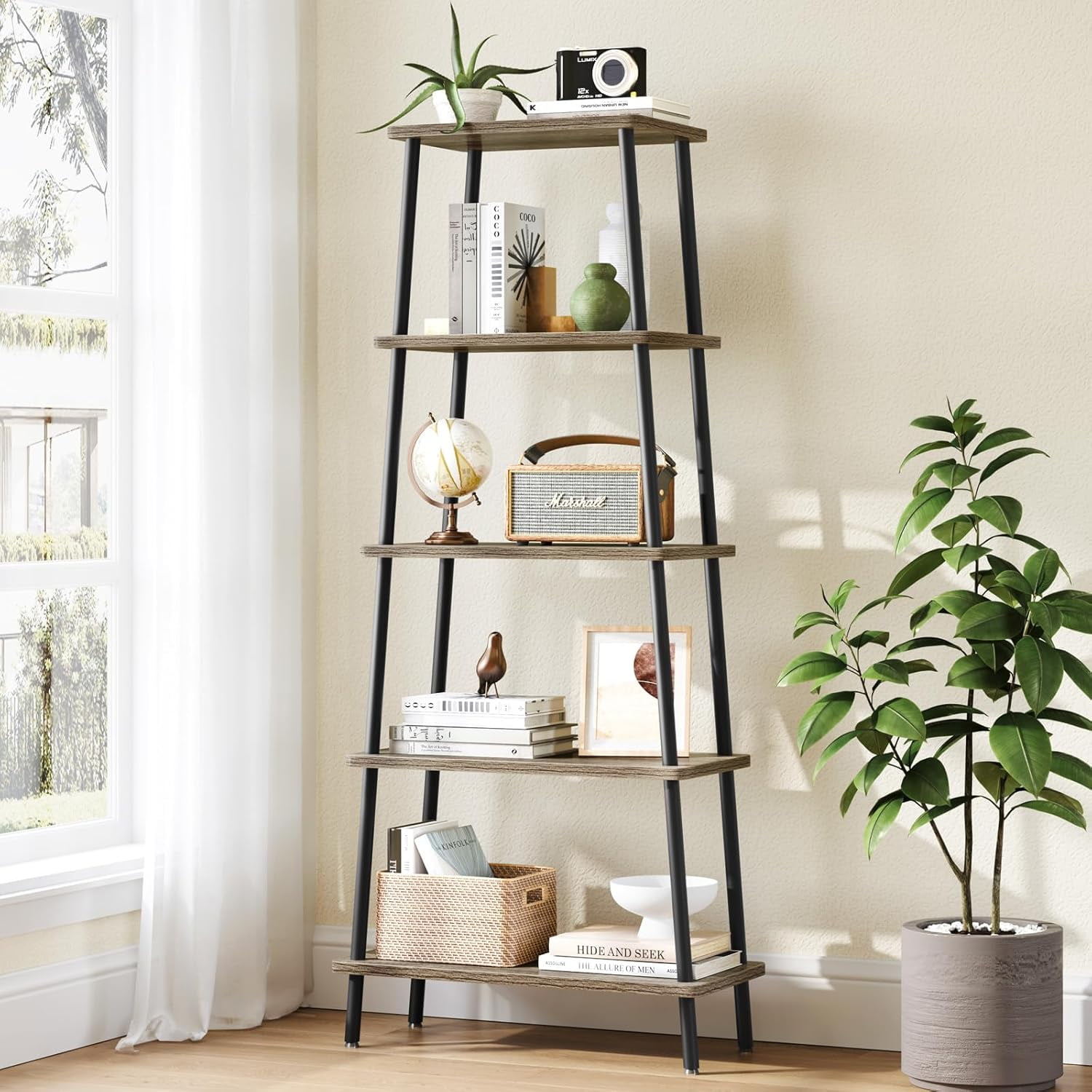 5 Tiered Bookshelf, Ladder Shelf Etagere Bookcase, Wood and Metal ...