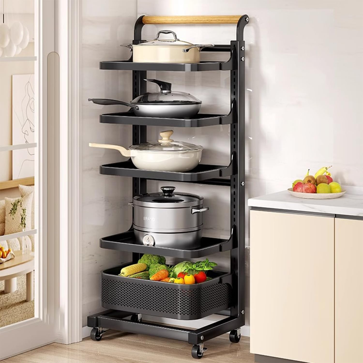 5 Tiers Adjustable Pan Pot Rack, Mobile Pot Organizer Rack Floor Pan ...