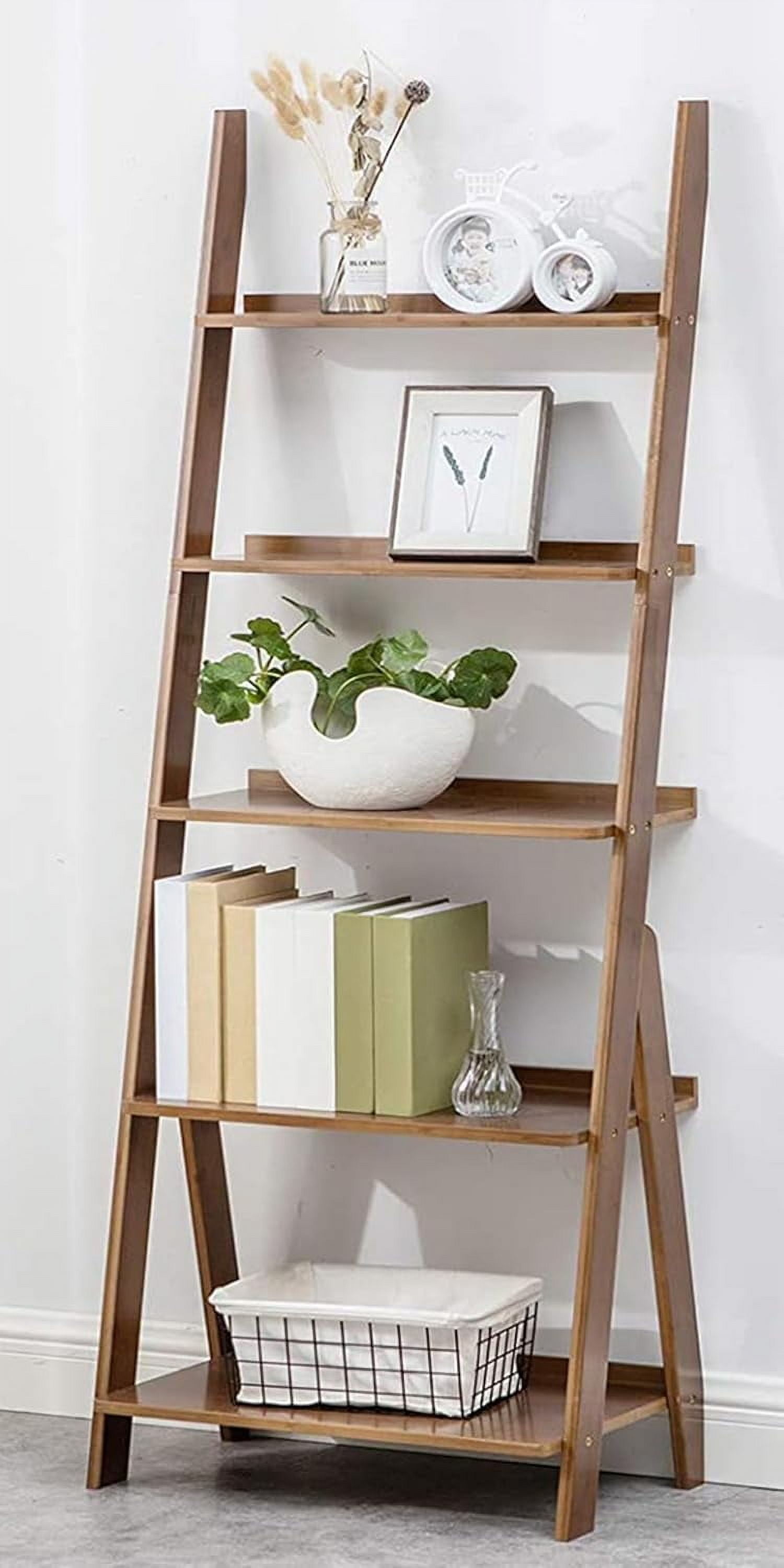 5 Tiers Bamboo Ladder Shelf Modern Bookshelf Leaning Wall Shelves Open ...