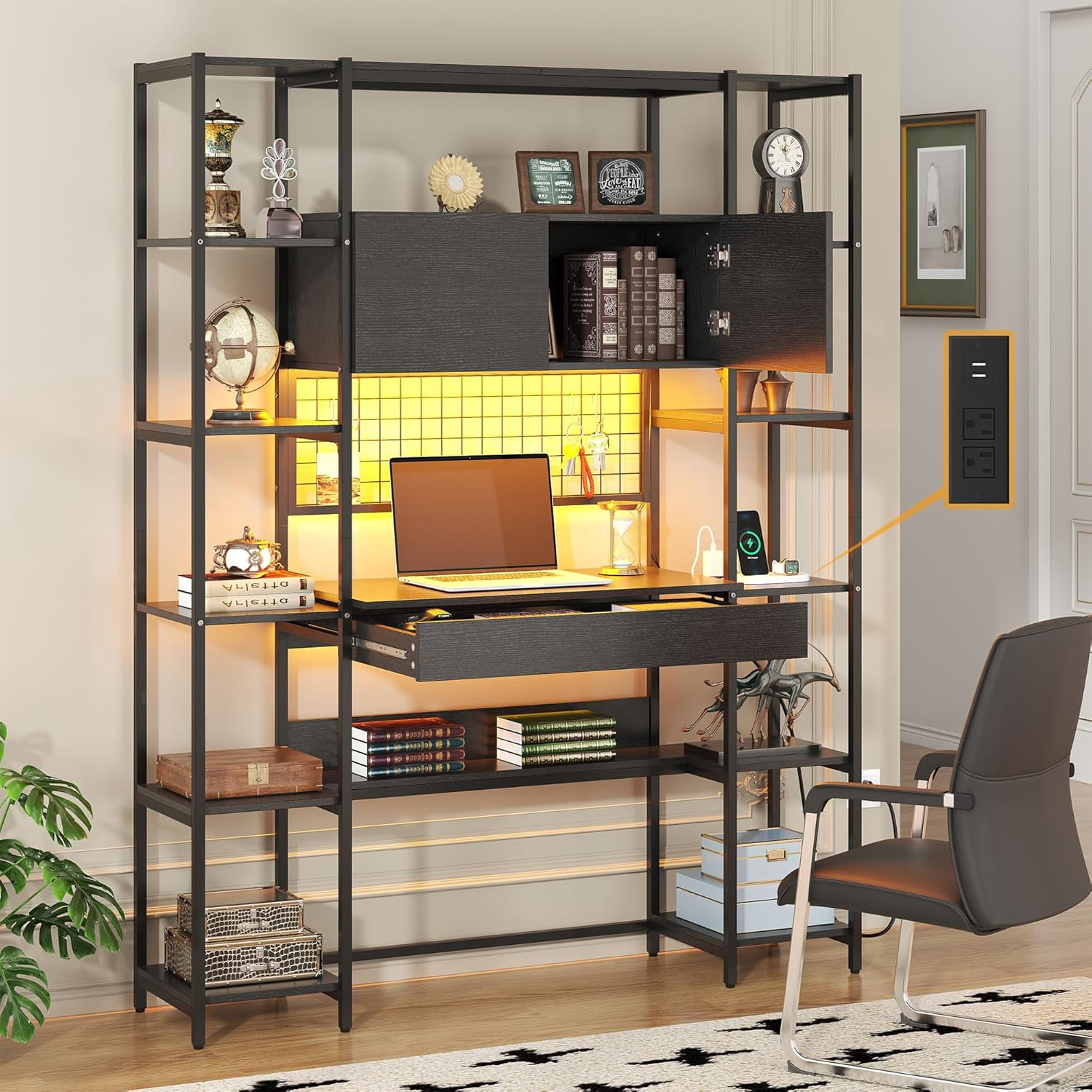 5 Tiers Black Bookshelf with Home Office Desk and RGB Lights and Power ...