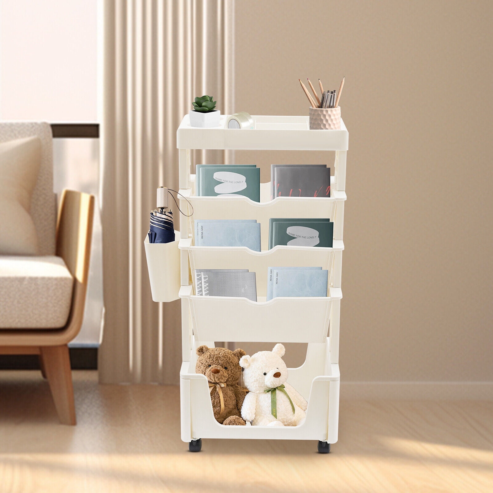 5 Tiers Book Rack, Storage Bookshelf, Movable Unique Bookcase with ...