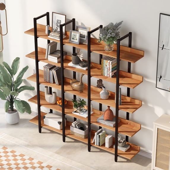 5-Tiers Bookshelf - 70 x 12 x 70 in, Classic Industrial Wooden Bookcase ...