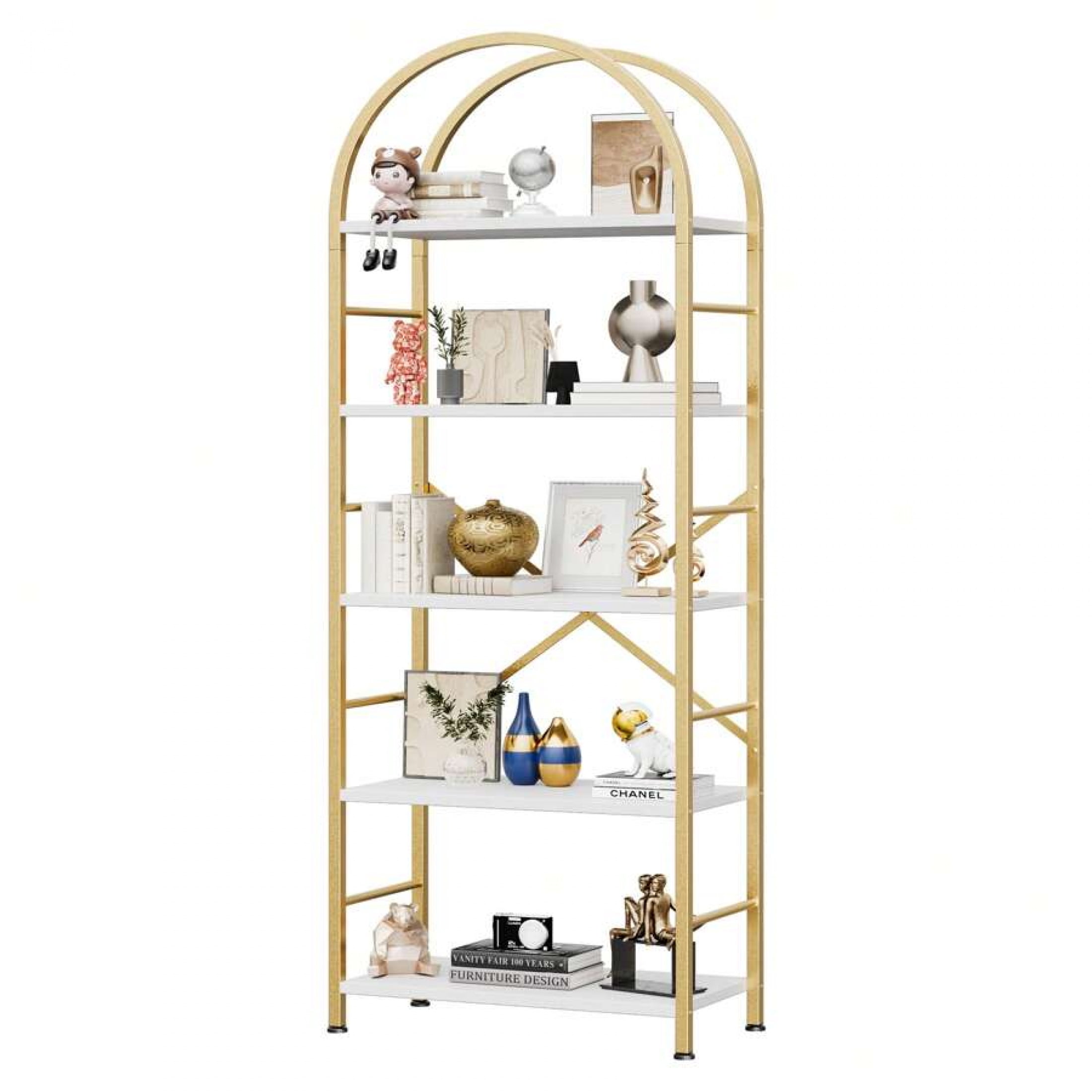5 Tiers Bookshelf Arched, Wooden Bookcase Display Rack With Metal Frame ...