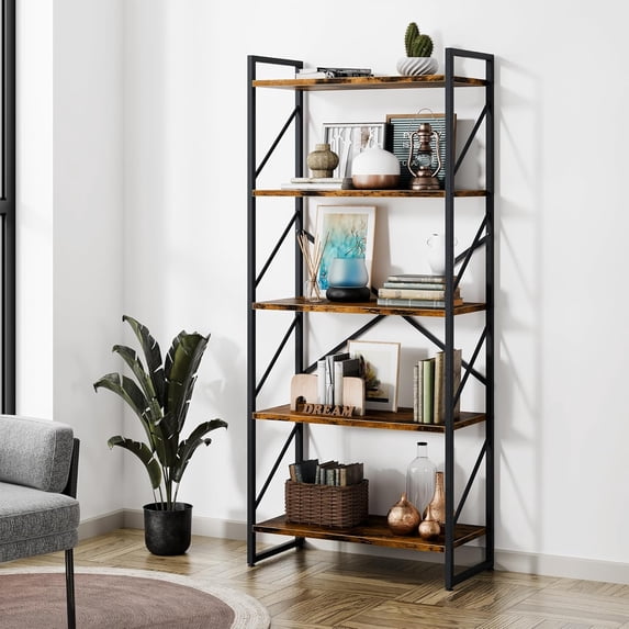 5 Tiers Bookshelf, Classically Tall Bookcase Shelf, Industrial Book ...