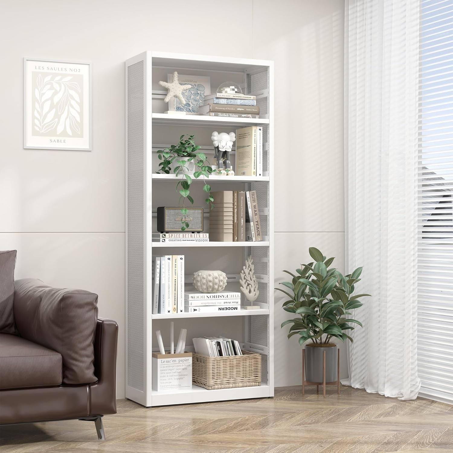 5 Tiers Bookshelf, Metal Storage Organizer Book Rack, Modern White ...