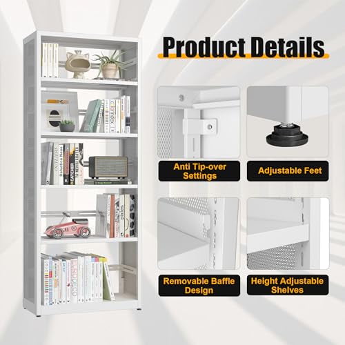 5 Tiers Bookshelf, Metal Storage Organizer Book Rack, Modern White Bookcase Shelf, Utility Shelf ...