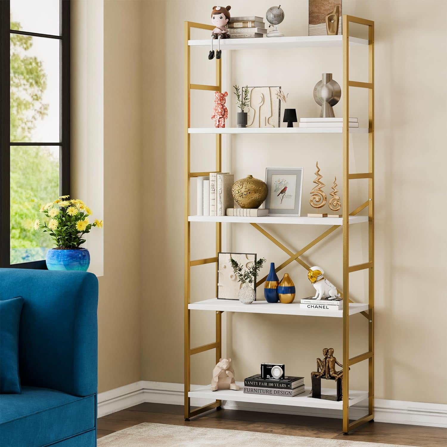 5 Tiers Bookshelf, Tall Wooden Bookcase with Metal Frame, Modern Book ...