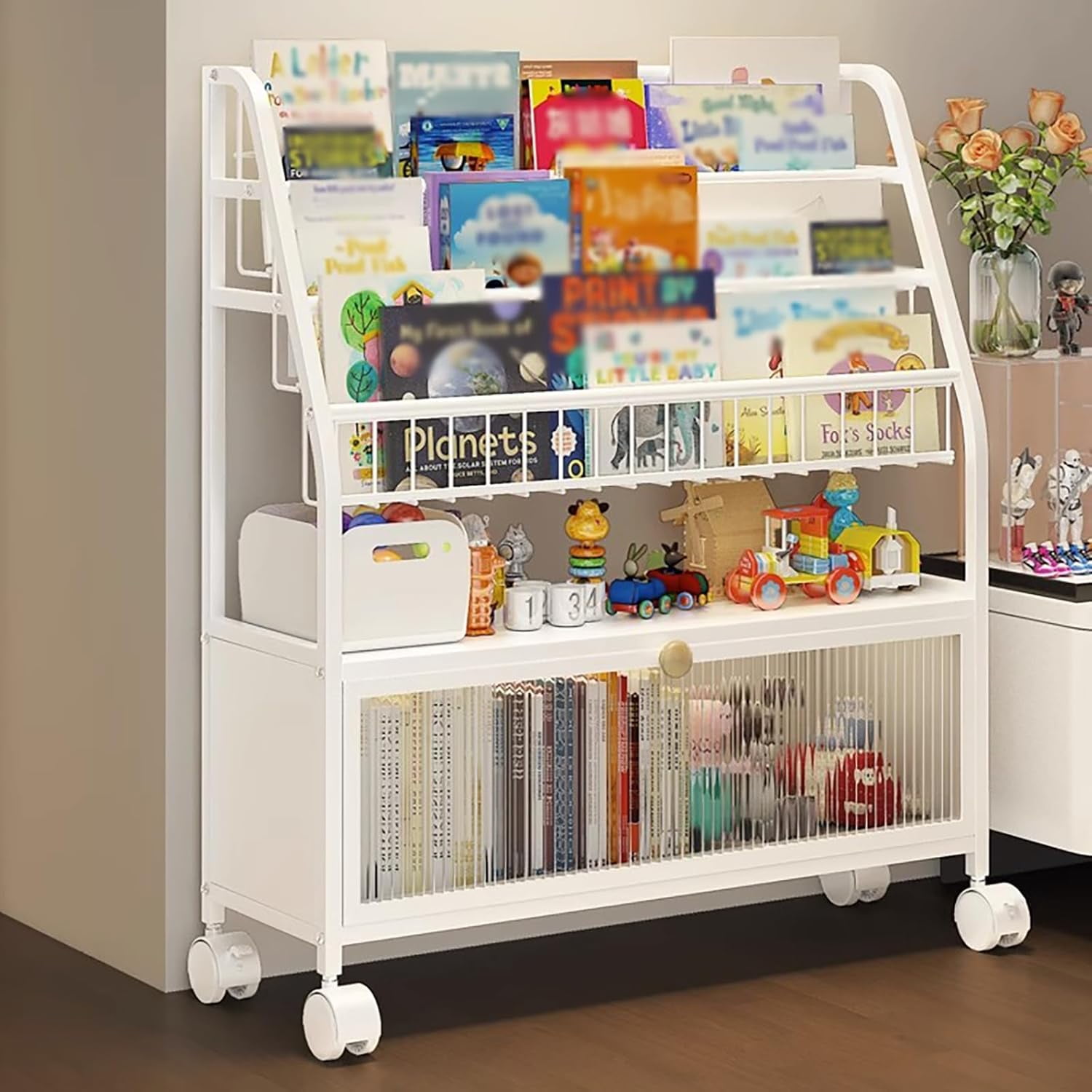 5 Tiers Bookshelf with Wheels, Magazine Display Stand Mobile Bookcase ...