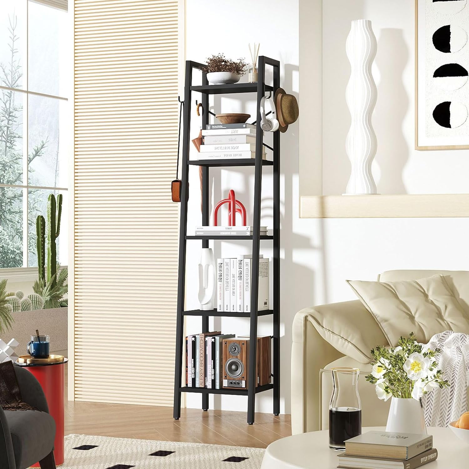 5 Tiers Ladder Bookcase, Industrial Narrow Bookshelf, Open Display Rack ...
