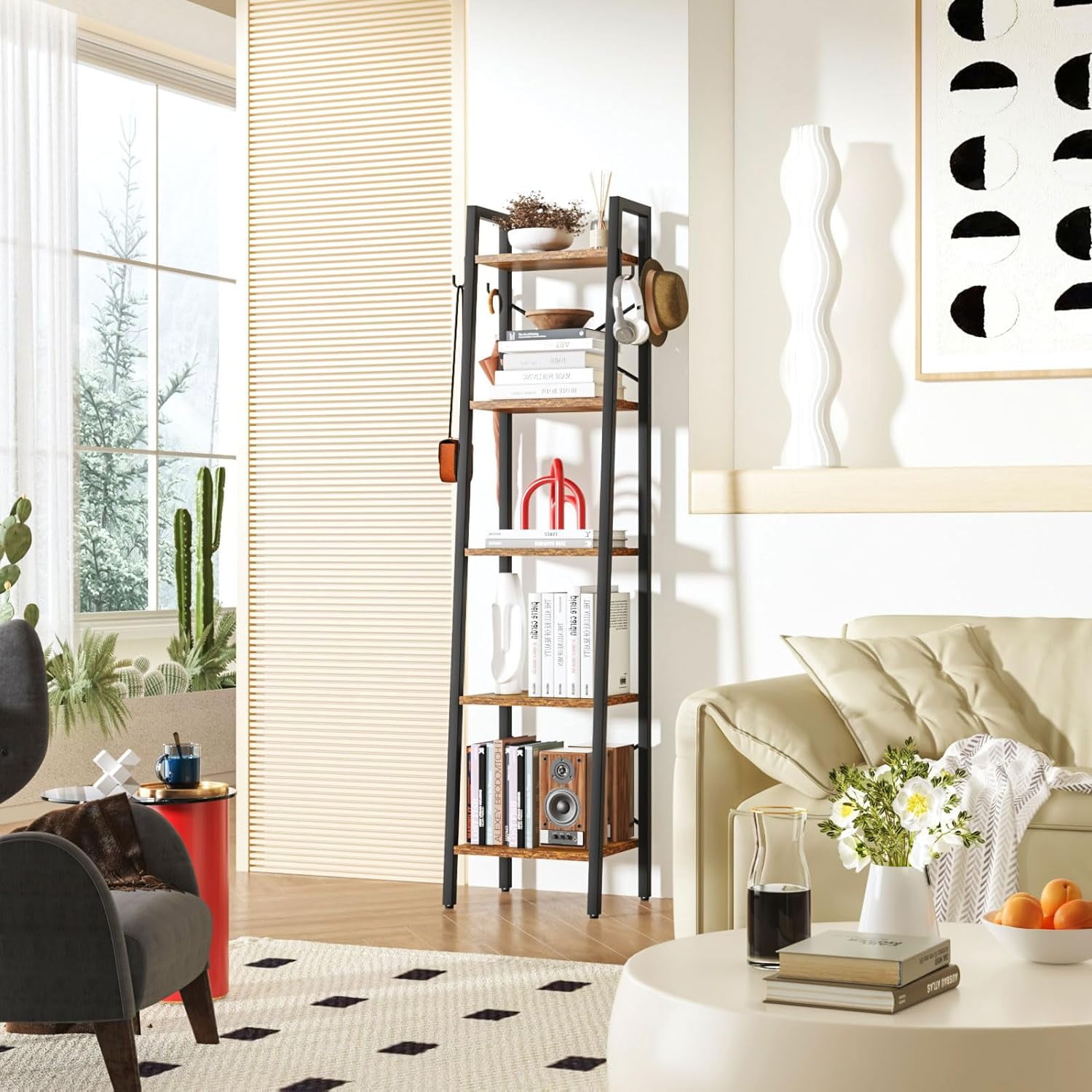 5 Tiers Ladder Bookcase, Industrial Narrow Bookshelf, Open Display Rack ...