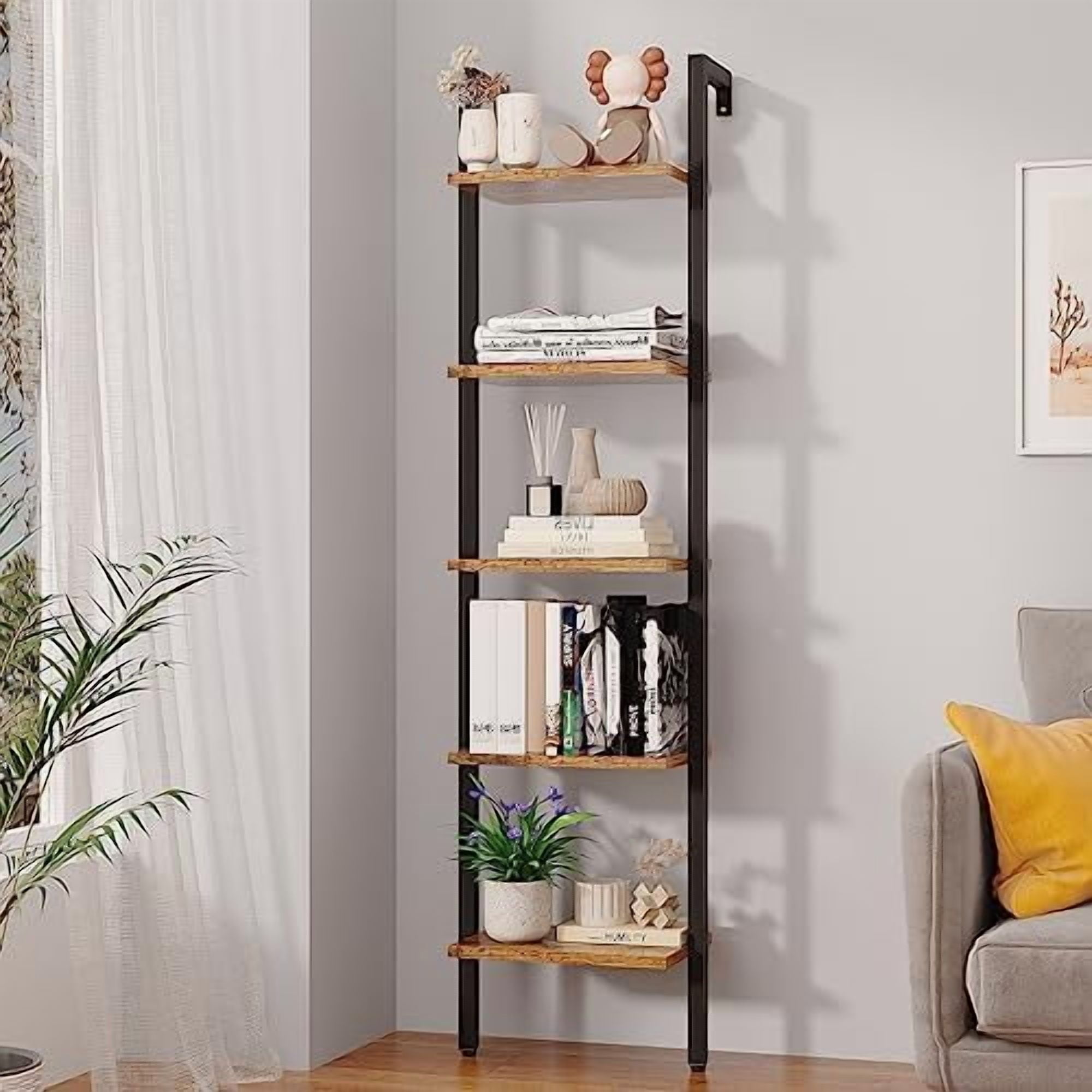 5 Tiers Ladder Bookcase, Industrial Wall Mounted Bookshelf, Open ...