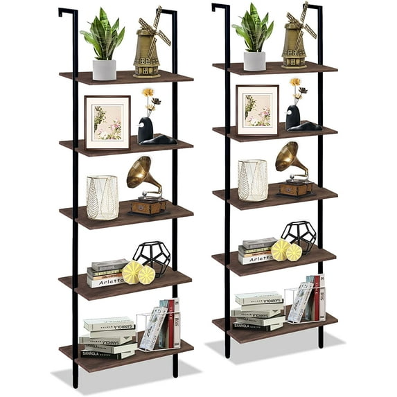 5 Tiers Ladder Shelf 2-Piece Black Modern Tall Bookshelf Open Large ...