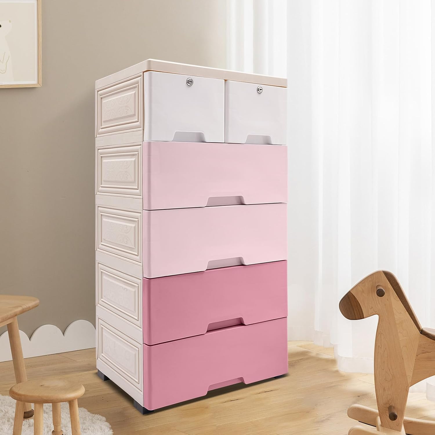 5 Tiers Mobile Drawers Dresser with Wheels, Plastic Storage Cabinet ...