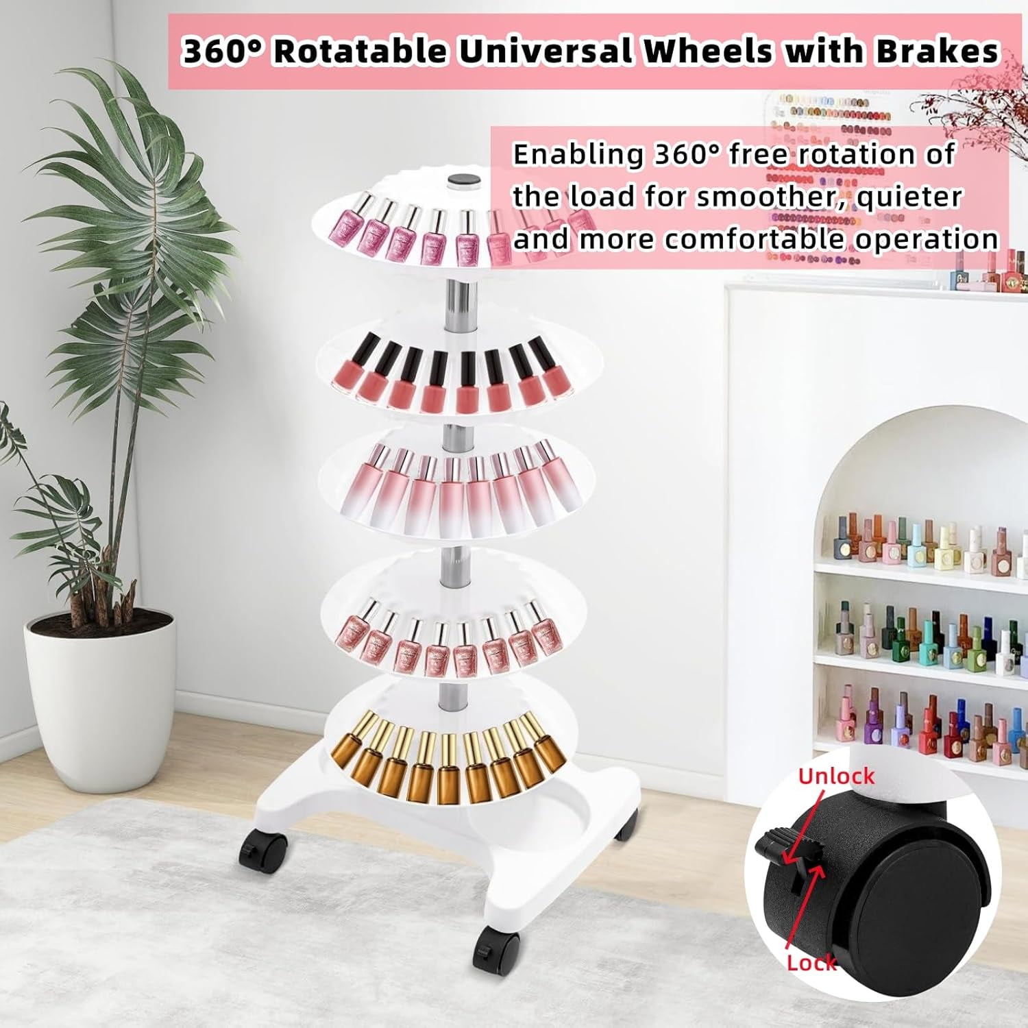 5 Tiers Nail Polish Trolley Display Organizer, 360 Rotating Nail Polish ...